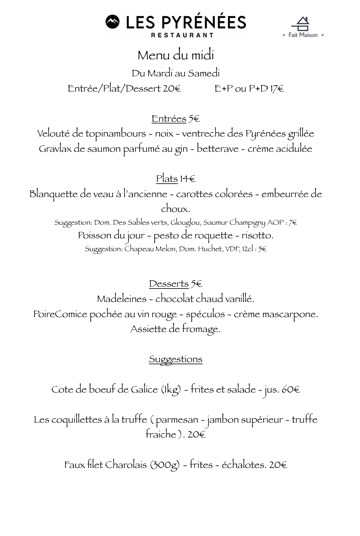 Menu du marché au déjeuner - Restaurant Les Pyrénées, Pau