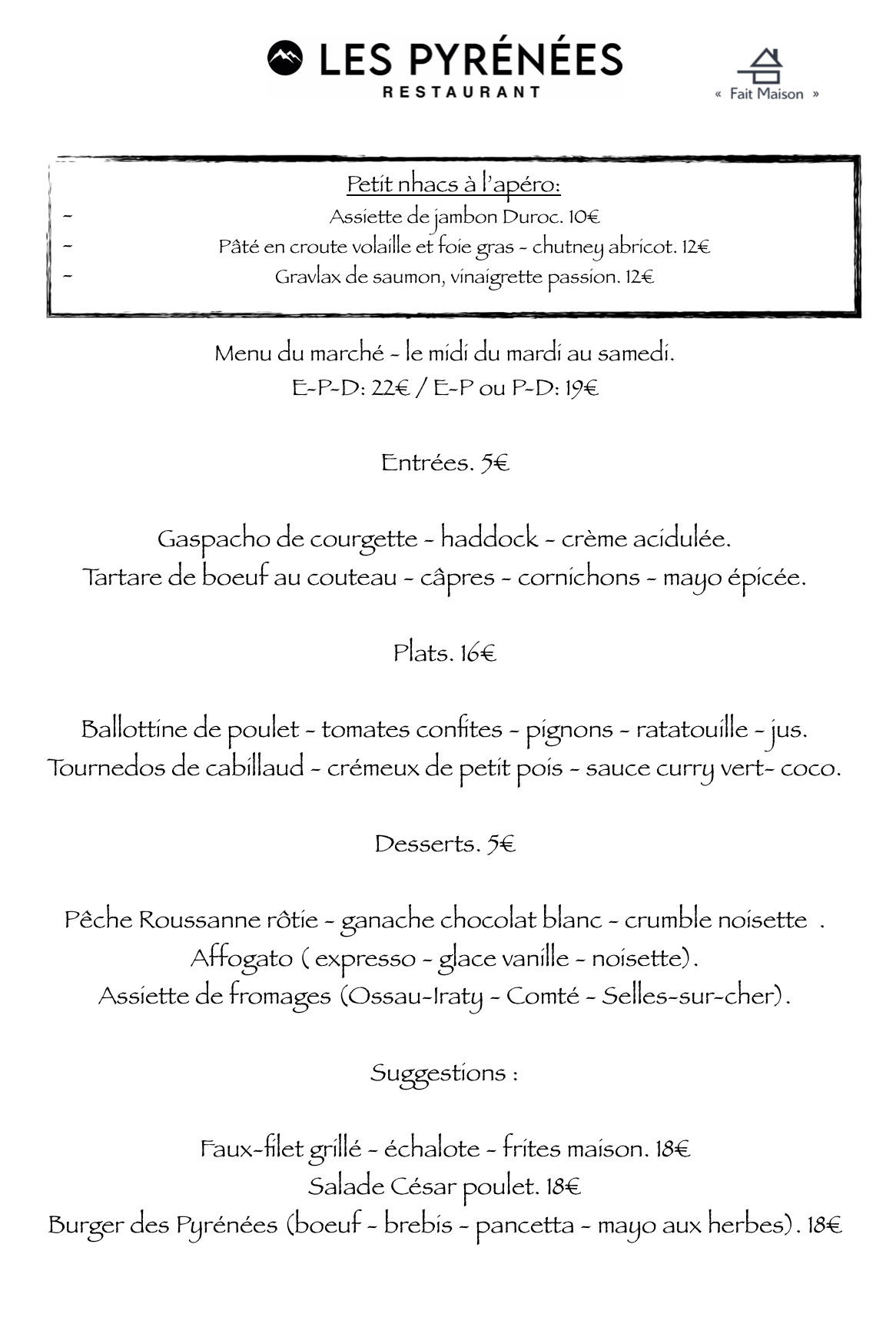Menu du marché au déjeuner - Restaurant Les Pyrénées, Pau