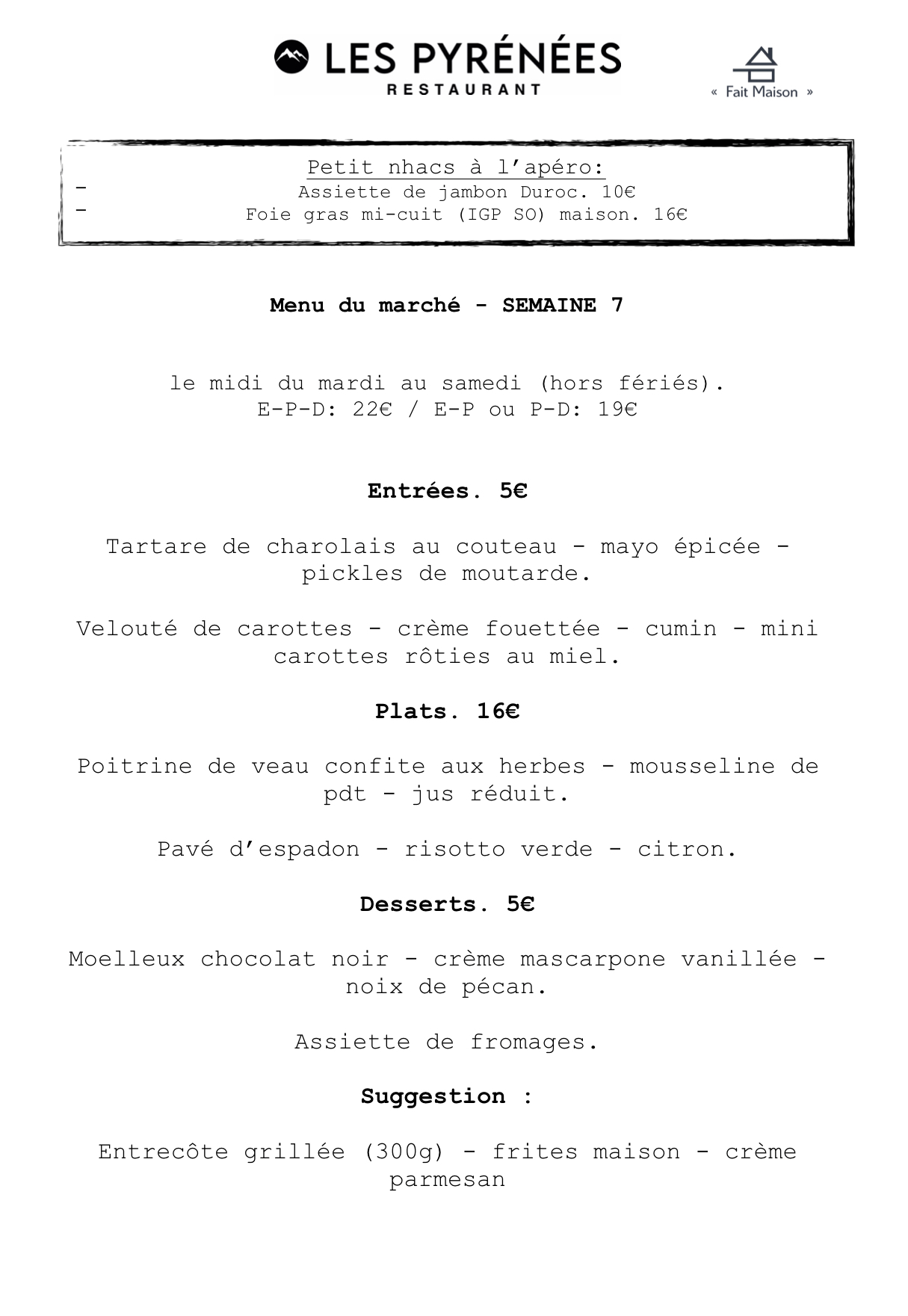 Menu du marché au déjeuner - Restaurant Les Pyrénées, Pau